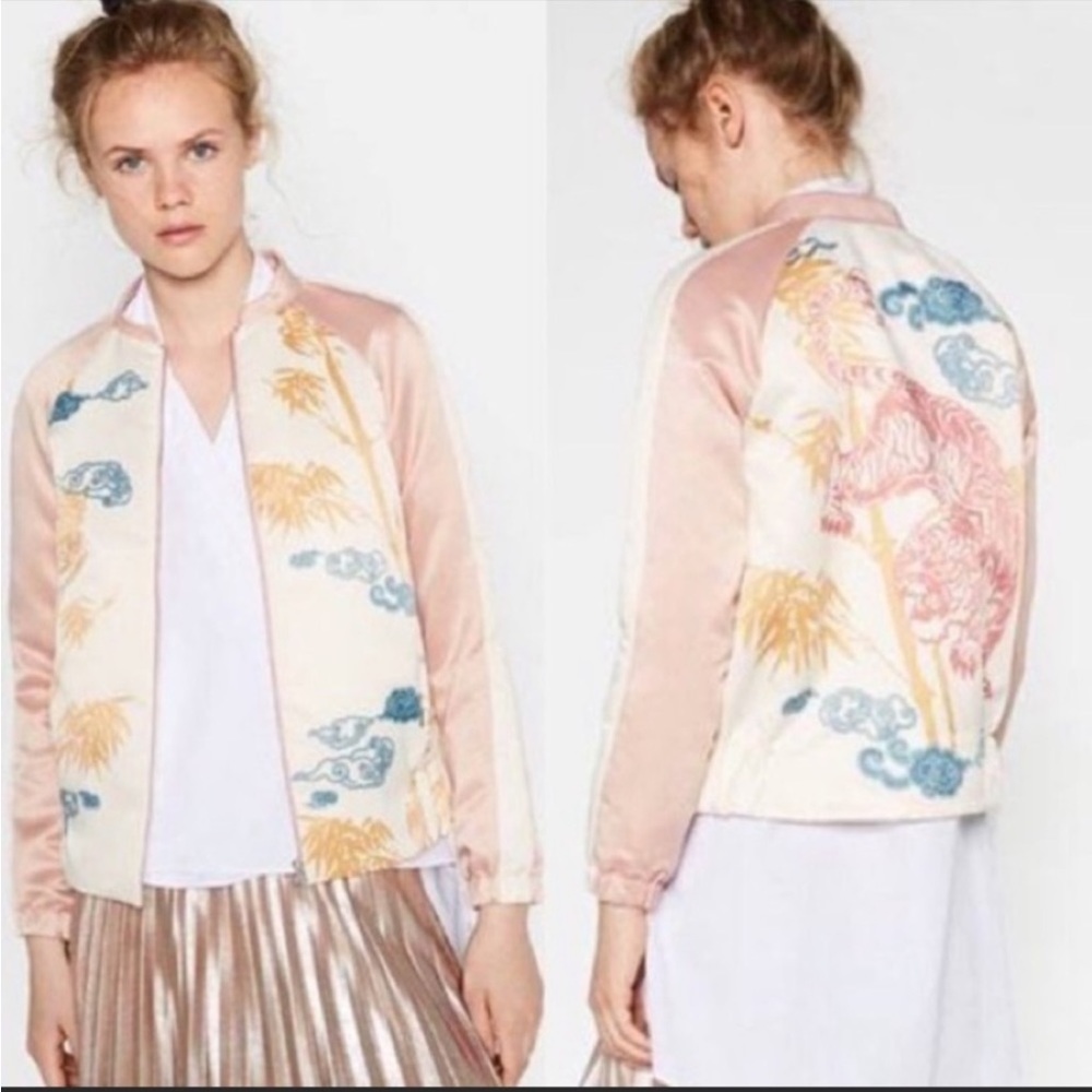 Zara Basic Satin Tiger Print Asian Bomber Jacket - Gem
